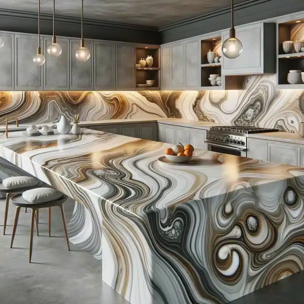 Epoxy kitchen countertop kit, white exotic marble effect kitchen